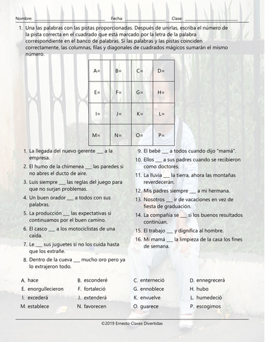 Verbs Start E, F, G, H, I End ER Magic Square Spanish Worksheet ...