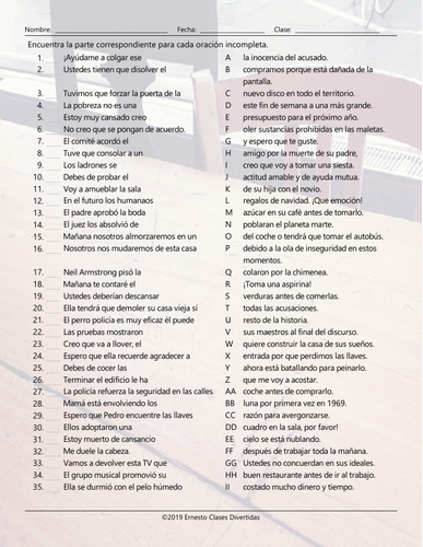 Present , Past, and Future Simple 4 Sentence Match Spanish Worksheet ...