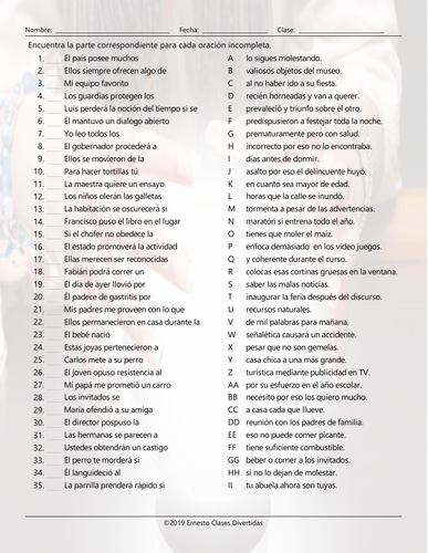 Verbs Start L, M, N, O, Q, R End ER Sentence Match Spanish Worksheet ...