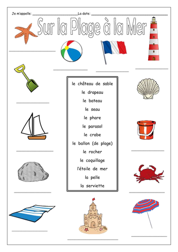 French - On the Beach at the Sea - Sur la Plage à la Mer - Worksheets ...
