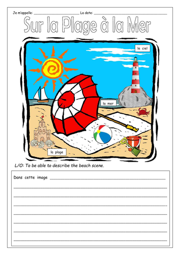 French - On the Beach at the Sea - Sur la Plage à la Mer - Worksheets ...