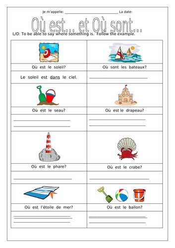 French - On the Beach at the Sea - Sur la Plage à la Mer - Worksheets ...