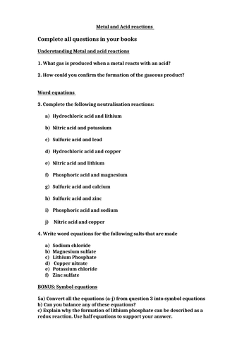 GCSE Chemistry: Metal and Acid Reactions | Teaching Resources