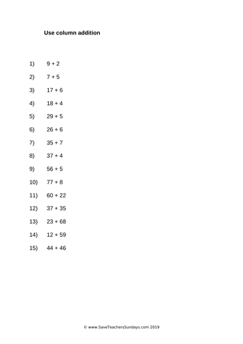 Year 5 Column Addition Worksheets (differentiated) and Other Resources ...