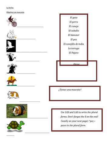 Spanish pets worksheet differentiated | Teaching Resources