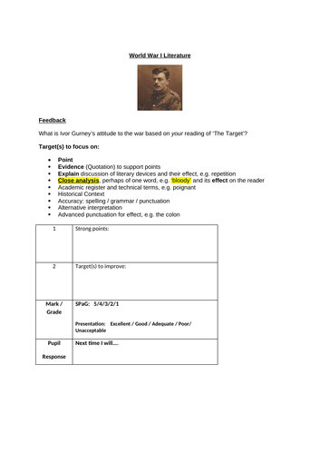 World War I Poetry: 'The Target' by Ivor Gurney | Teaching Resources