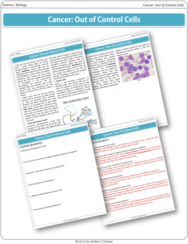 Science Literacy Reading Article: Cancer: Out of Control Cells ...