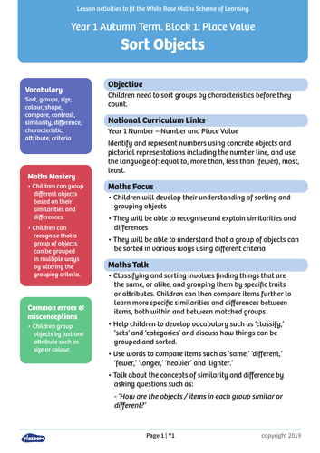 Y1 Autumn Term Block 1 Sort Objects Maths Worksheets Teaching Resources