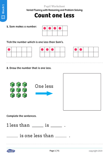 Y1 Autumn Term Block 1 Count One Less Maths Worksheets Teaching Resources