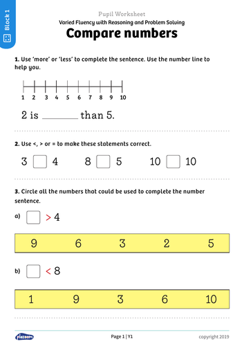Y1 Autumn Term Block 1 Compare Numbers Maths Worksheets Teaching Resources