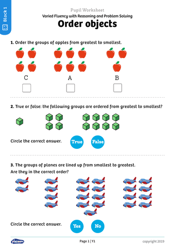 Y1 Autumn Term Block 1 Order Objects Maths Worksheets Teaching Resources
