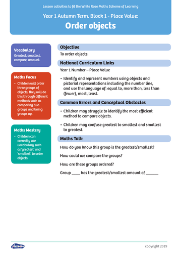Y1 Autumn Term – Block 1: Order objects maths worksheets | Teaching ...