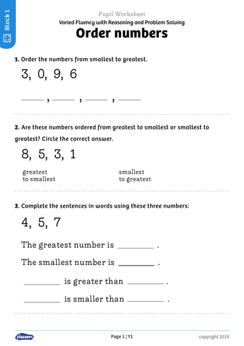 Y1 Autumn Term Block 1 Order Numbers Maths Worksheets Teaching Resources
