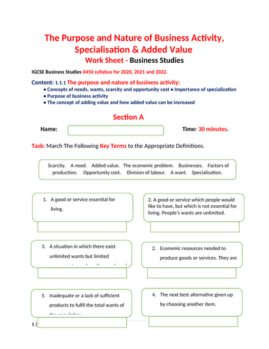 The Purpose, Nature of Business Activity Specialization & Added value ...