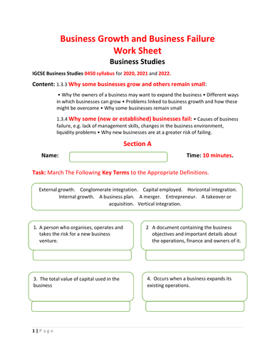 Work Sheet for IGCSE Business Studies Business Growth and Business ...
