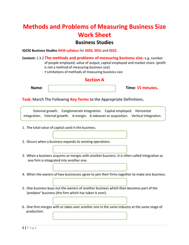 Work Sheet for IGCSE Business Studies Methods and Problems of Measuring ...