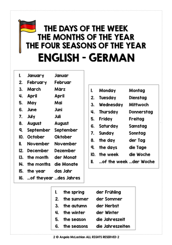 GERMAN DAYS MONTHS SEASONS LIST FREEBIE | Teaching Resources