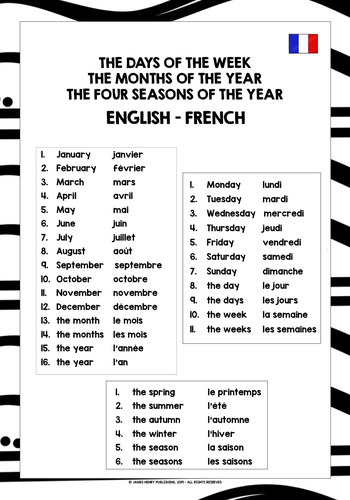 FRENCH DAYS MONTHS SEASONS REFERENCE LIST | Teaching Resources