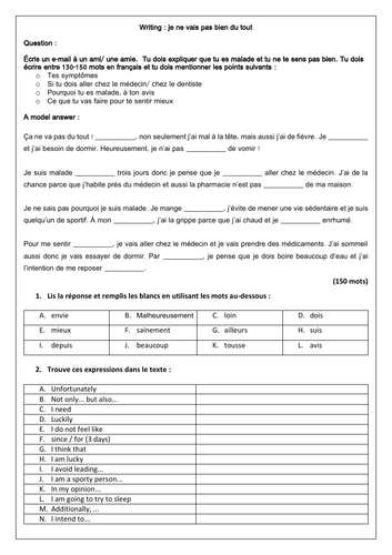 French GCSE J'ai mal - illness, health & body parts | Teaching Resources