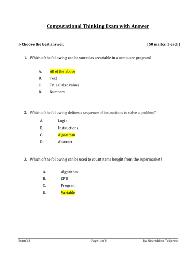 Computational Thinking Exam V2 With Answer Y7 And 8 Teaching Resources