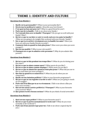 GCSE French General conversations sorted by themes - AQA - Higher and ...