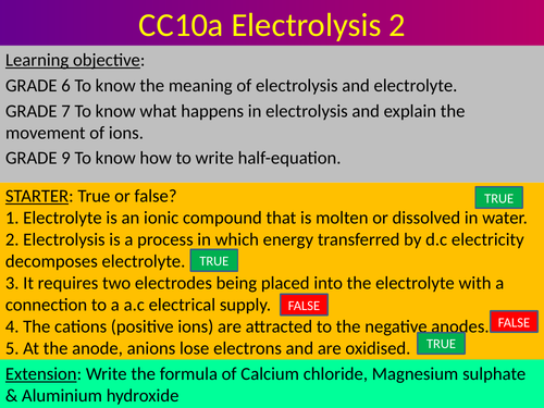 EDEXCEL GCSE Science 9-1 - Chemistry - CC10 Electrolytic process - CC10a Electrolysis | Teaching ...