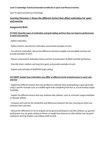 Level 3 Cambridge Technical in Sport Unit 19 Psychology LO1 | Teaching Resources