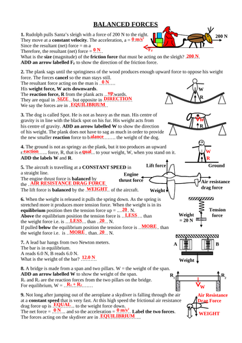 BALANCED FORCES QUESTIONS | Teaching Resources