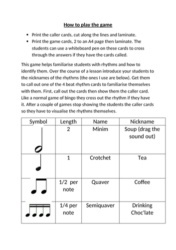 Music Rhythm Bingo for KS2 or KS3 | Teaching Resources