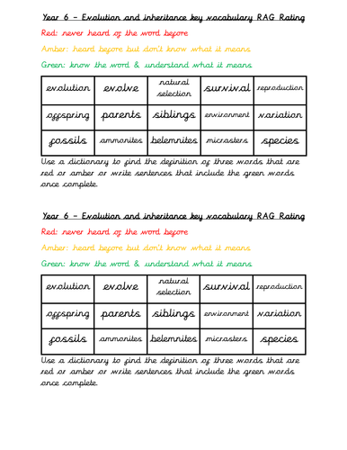 Year 6 Science RAG Rate key vocabulary | Teaching Resources