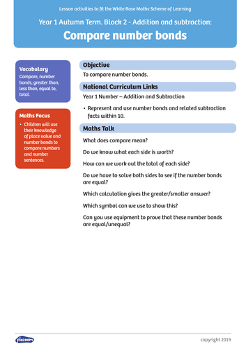 Y1 Autumn Term – Block 2: Compare number bonds maths worksheets | Teaching Resources