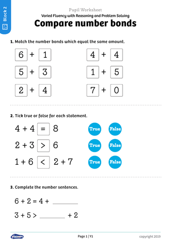Y1 Autumn Term – Block 2: Compare number bonds maths worksheets ...