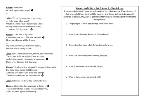 Romeo and Juliet Comprehension WorkSheets | Teaching Resources