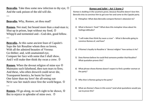 Romeo and Juliet Comprehension WorkSheets | Teaching Resources