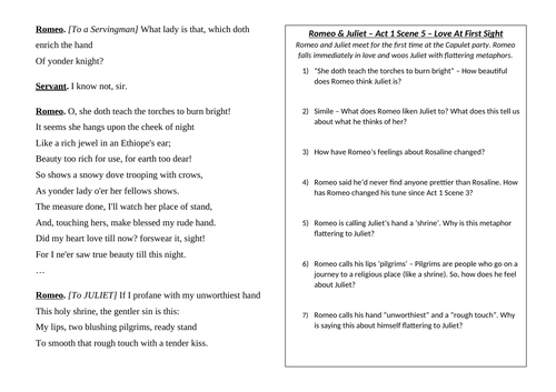 Romeo and Juliet Comprehension WorkSheets | Teaching Resources