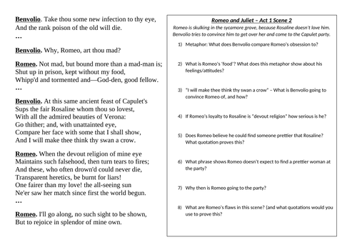 Romeo and Juliet Comprehension WorkSheets | Teaching Resources