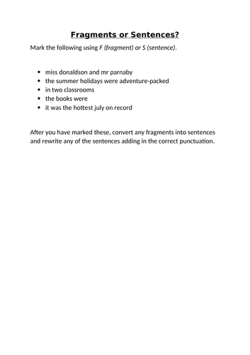Introduction to fragments and sentences | Teaching Resources