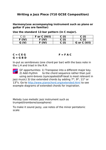 Composing a Jazz/Blues piece | Teaching Resources