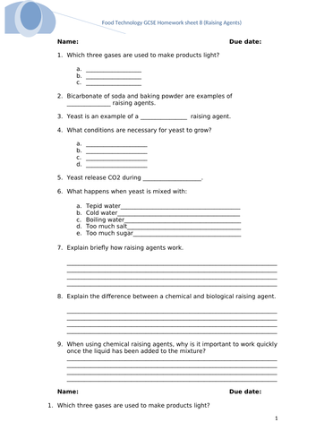 GCSE Food Homework sheets | Teaching Resources