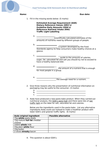 GCSE Food Homework sheets | Teaching Resources