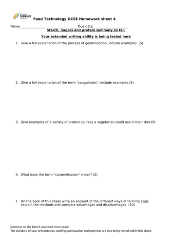 GCSE Food Homework sheets | Teaching Resources