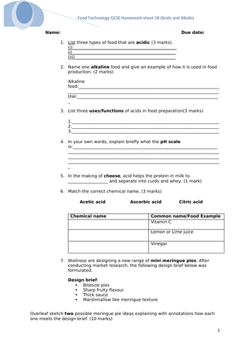 GCSE Food Homework sheets | Teaching Resources