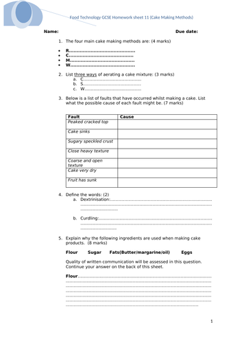 GCSE Food Homework sheets | Teaching Resources