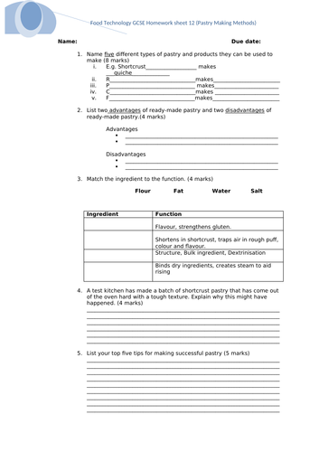 GCSE Food Homework sheets | Teaching Resources