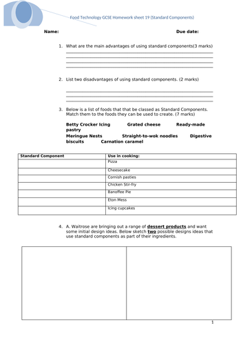 GCSE Food Homework sheets | Teaching Resources
