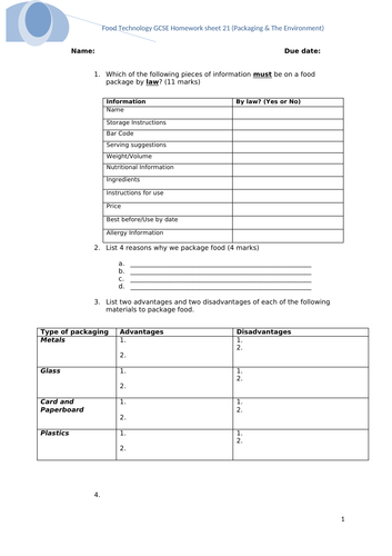 GCSE Food Homework sheets | Teaching Resources