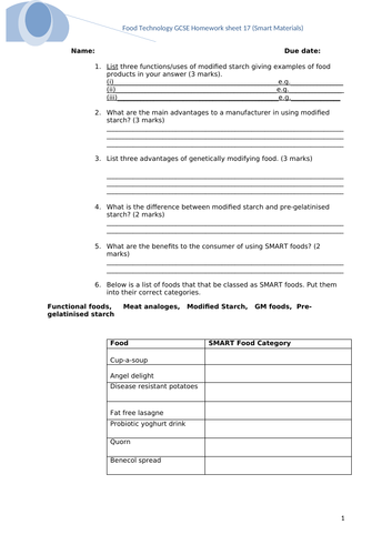 GCSE Food Homework sheets | Teaching Resources