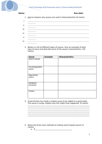 GCSE Food Homework sheets | Teaching Resources