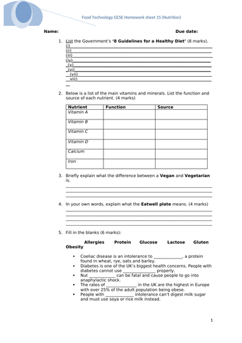 GCSE Food Homework sheets | Teaching Resources