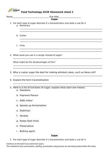 GCSE Food Homework sheets | Teaching Resources